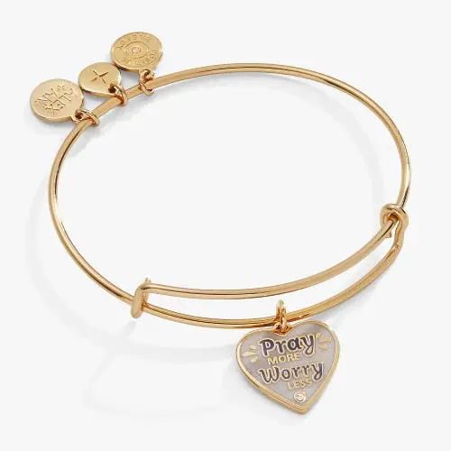 ALEX AND ANI Pray More Worry Less" Heart Charm Bangle - Gold 
